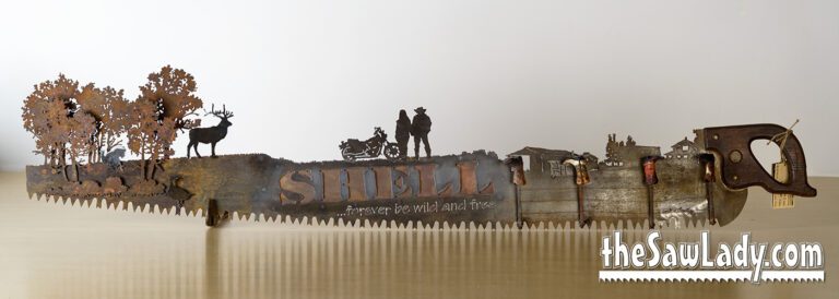Custom metal art on old handsaws by the Saw Lady, Cindy Chinn